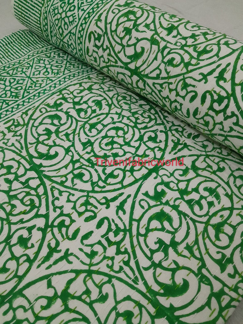 Green Kantha Quilt: Hand Block Print Indian Cotton Bedspread - Etsy