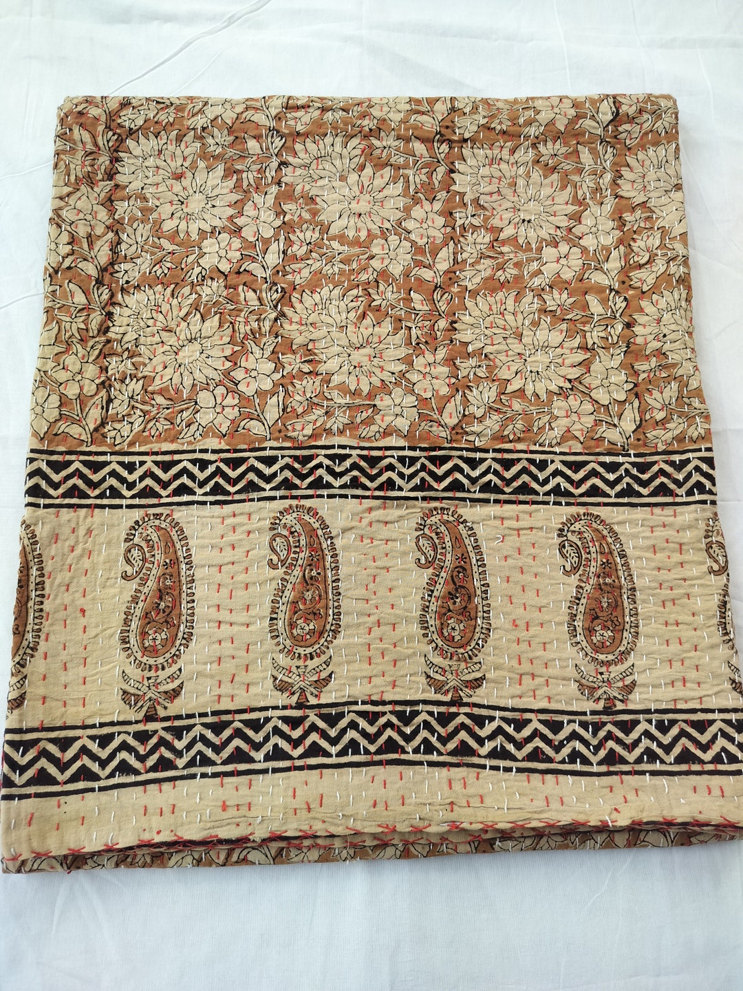 Hand Block Print Kantha Quilt Vegetable Color Print Kantha Bedcover ...