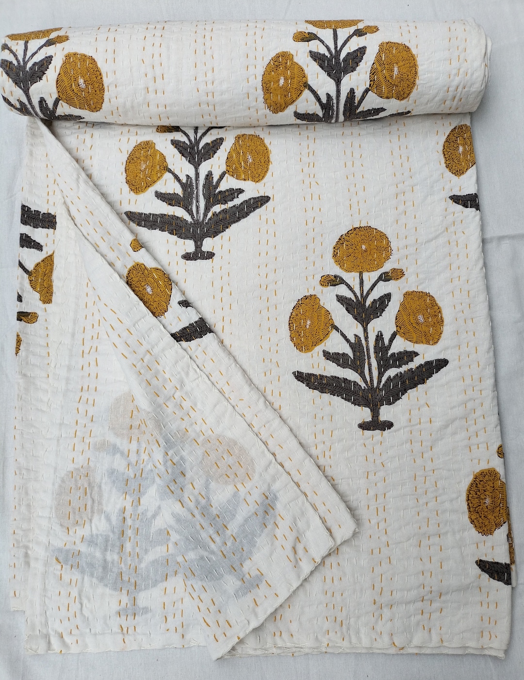 Kantha Quilt Yellow Hand Block Print Kantha Bedspread Handmade Indian ...