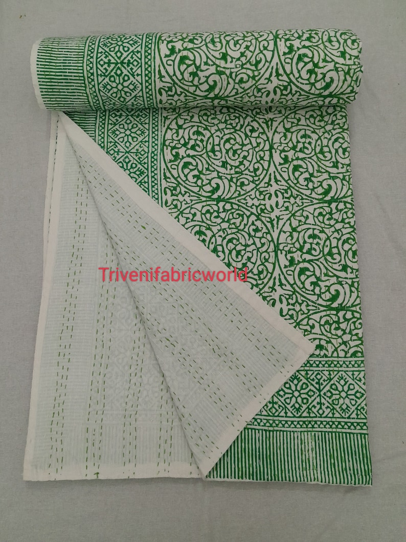 Green Kantha Quilt: Hand Block Print Indian Cotton Bedspread - Etsy