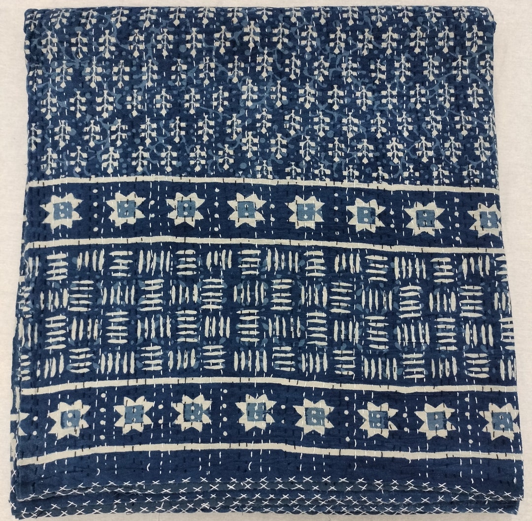 Indigo Blue Kantha Quilt: Handmade Floral Cotton Bedspread - Etsy