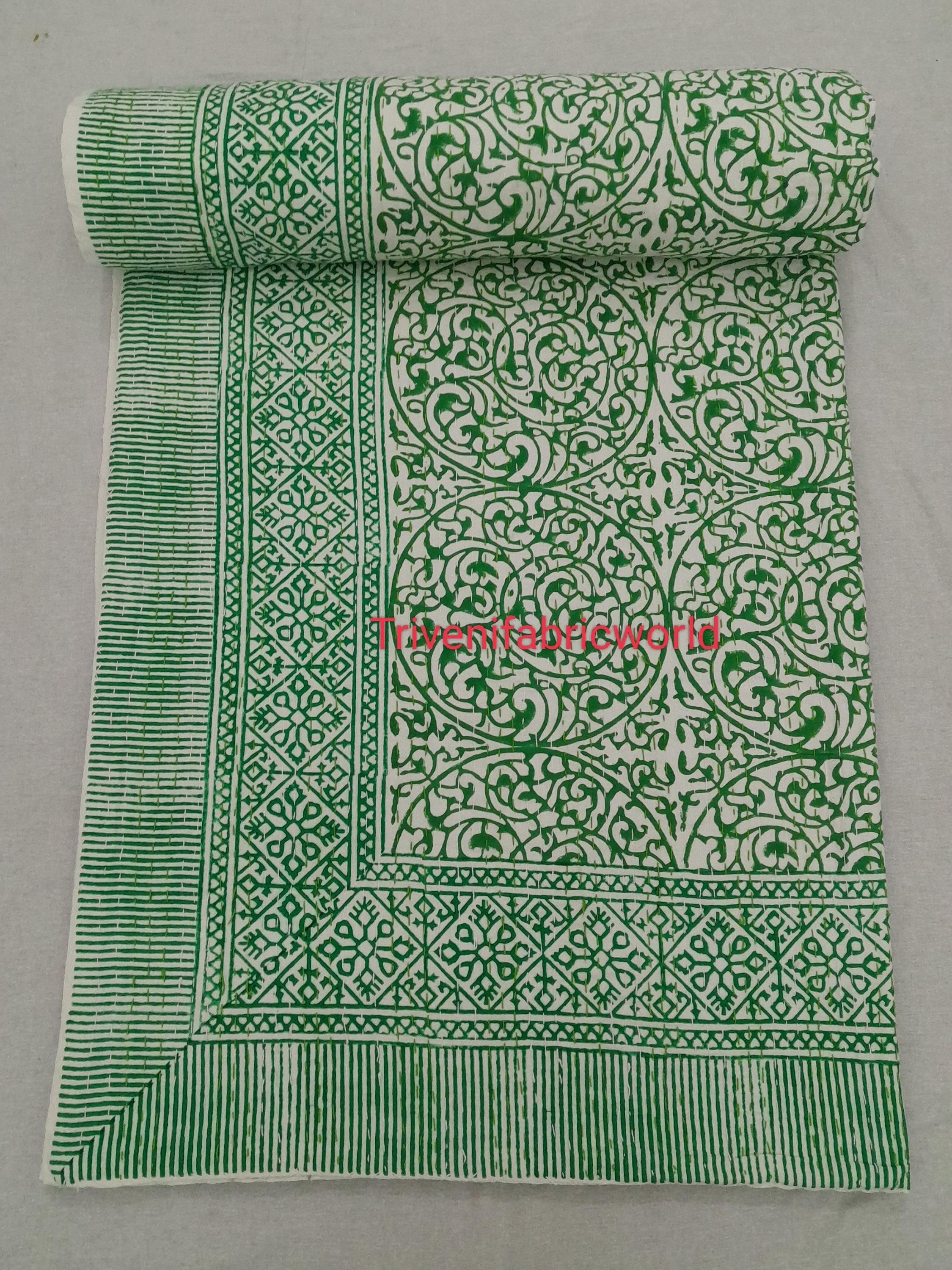 Green Kantha Quilt: Hand Block Print Indian Cotton Bedspread - Etsy