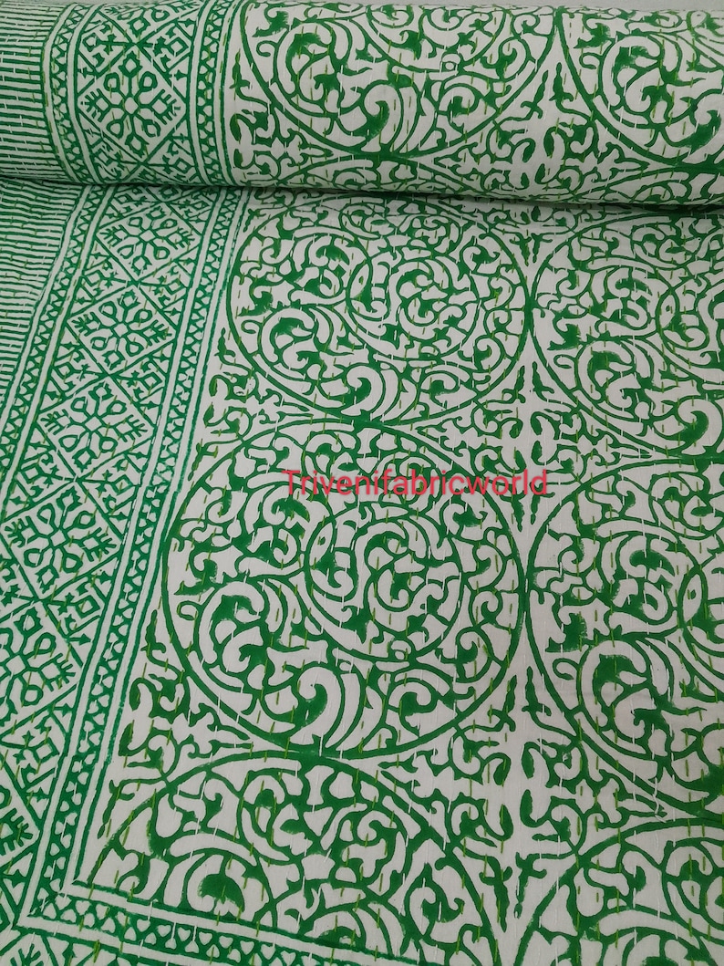 Green Kantha Quilt: Hand Block Print Indian Cotton Bedspread - Etsy