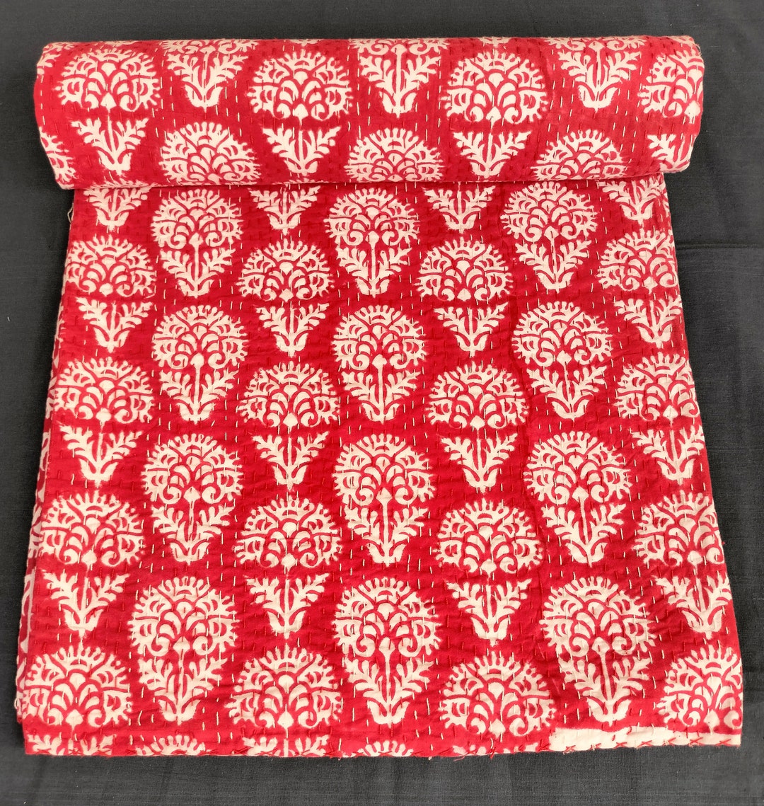 Kantha Quilt Red Block Print Hand Made Kantha Bedspread Quilt Red ...