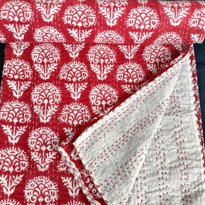 Kantha Quilt Red Block Print Hand Made Kantha Bedspread Quilt Red Kantha Bedcover Handblocked ...
