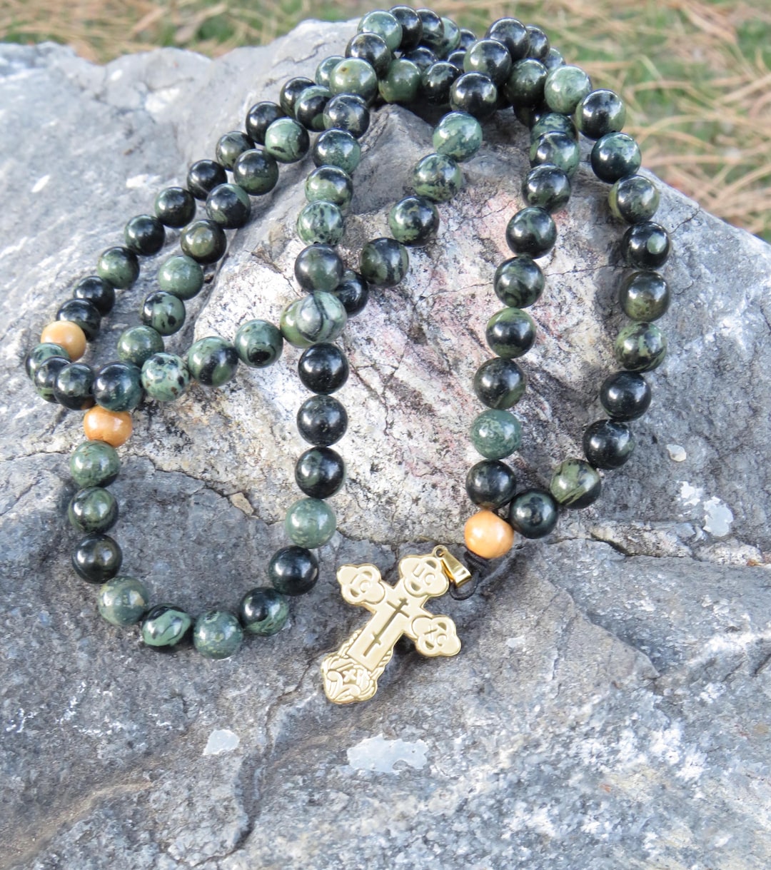 Jasper Gemstone Orthodox Prayer Rope: Golden Byzantine Cross, Olivewood ...
