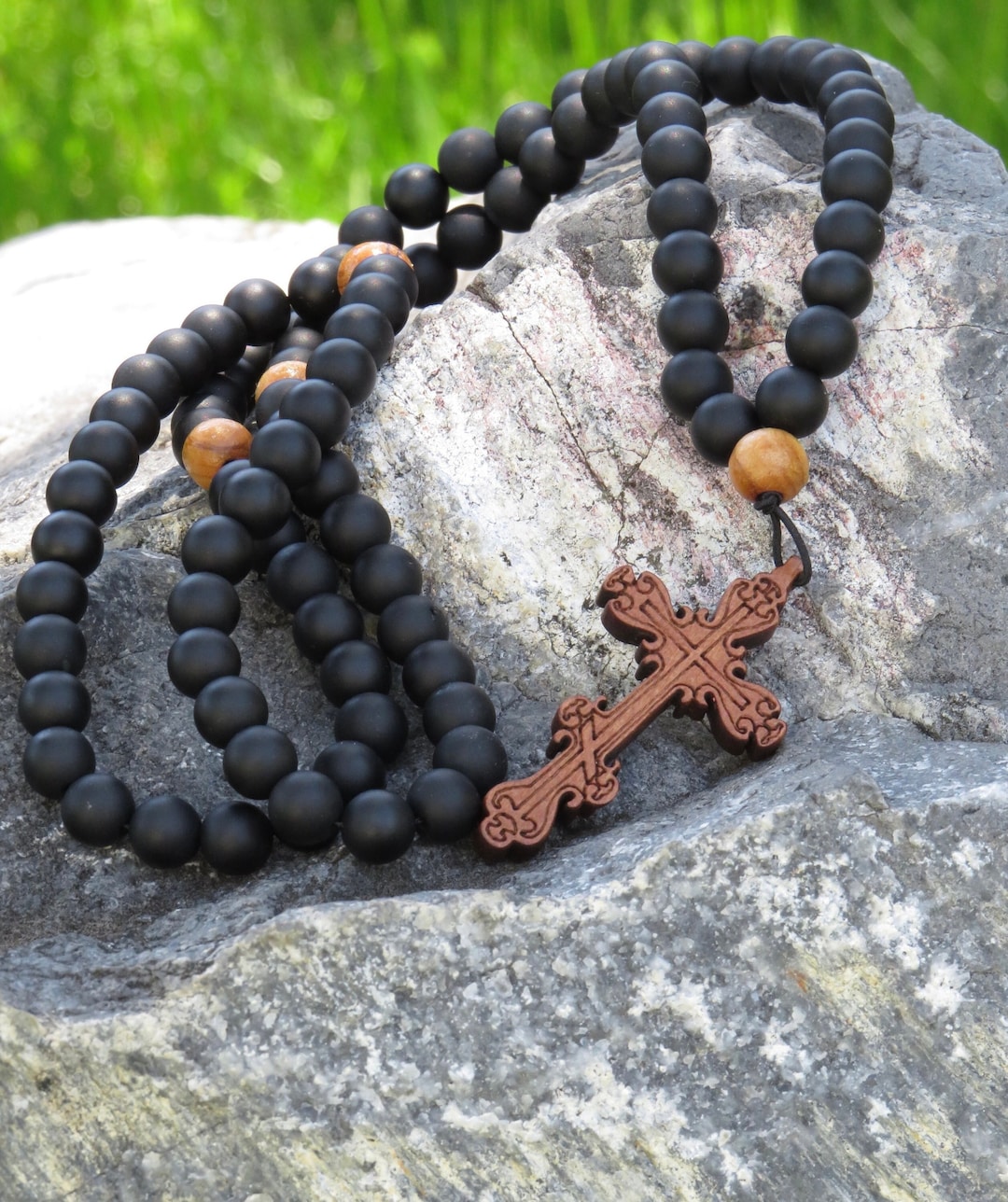Onyx Orthodox Prayer Rope: Olivewood Cross, Eastern Rosary - Etsy
