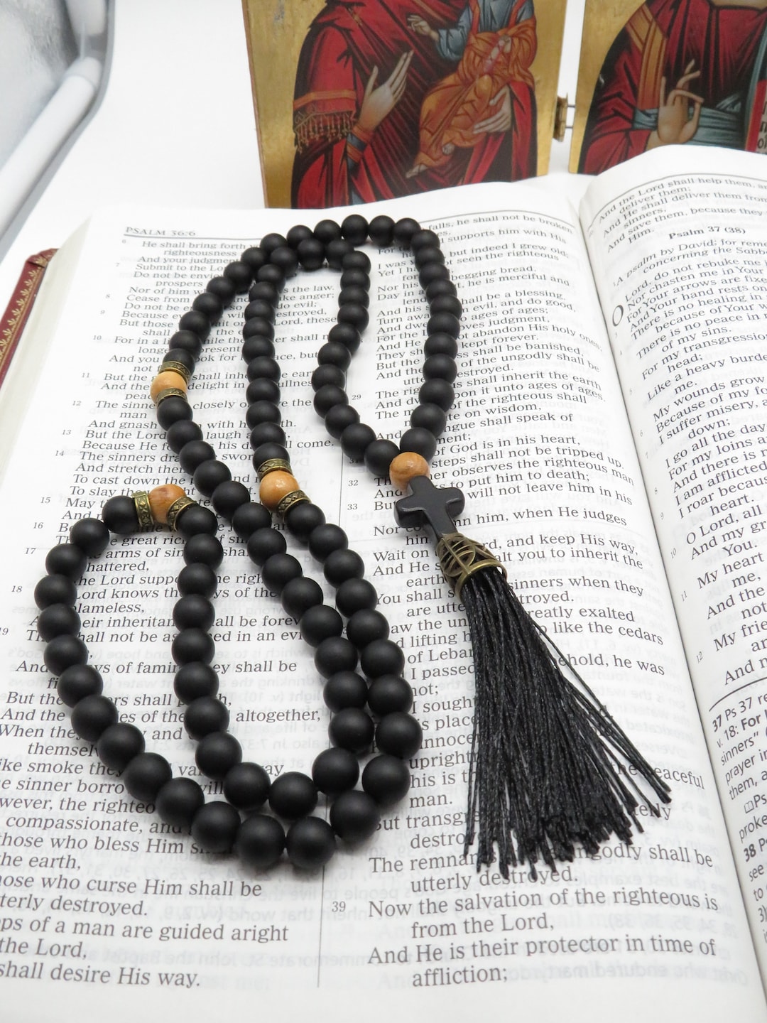 Onyx Orthodox Prayer Rope: Olive Wood Accents, Handmade Rosary - Etsy