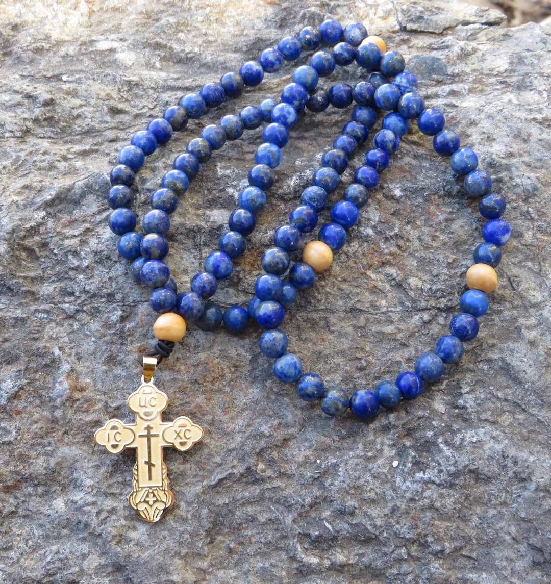 Orthodox Prayer Rope, Lapis Luzuli Gemstone Bead, Jurusalem Olive Wood ...