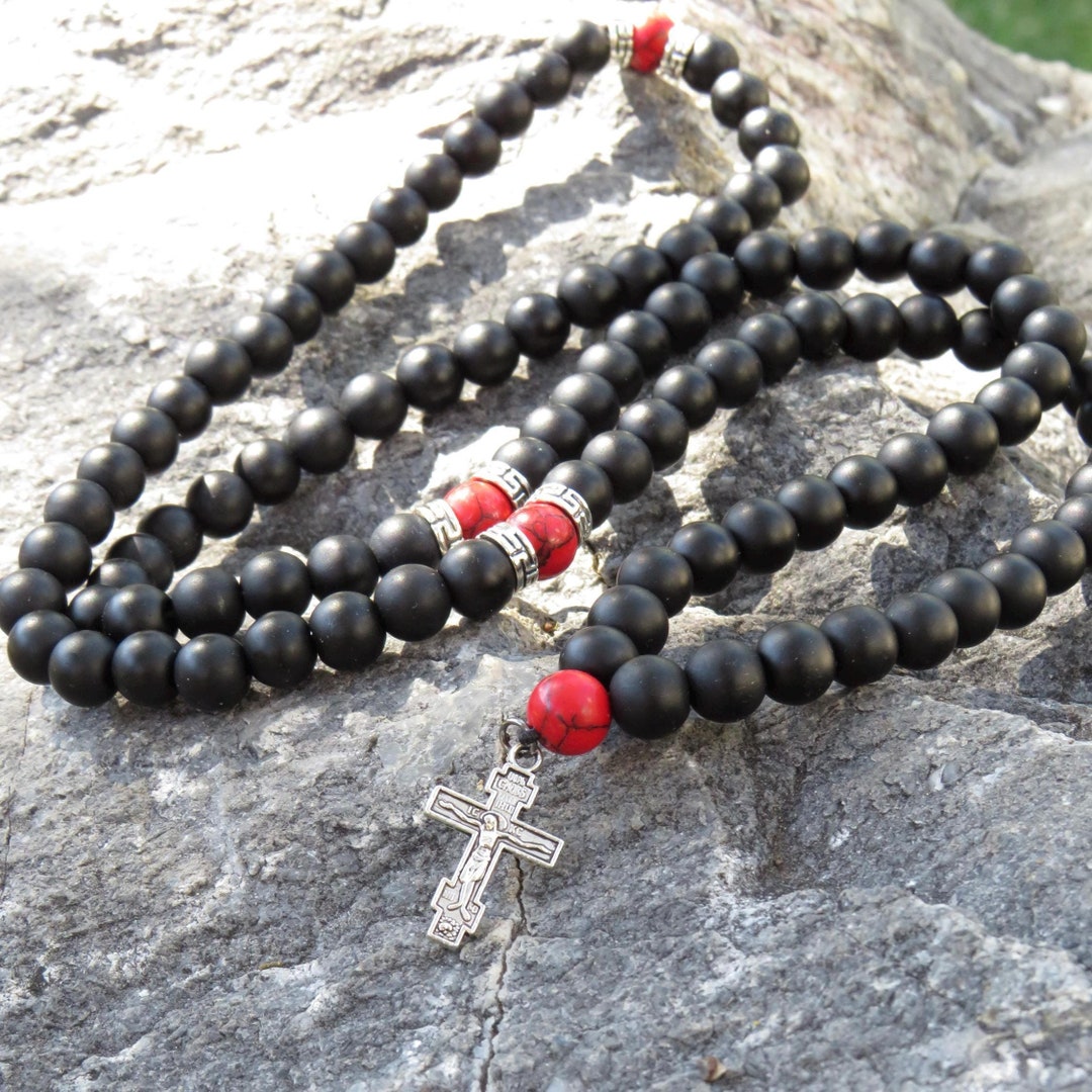 Orthodox Prayer Rope, 8mm Onyx Gemstone Beads, Silver Cross, Red ...
