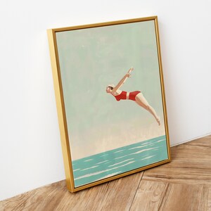 Vintage Style Diving Poster, Retro Diver in Red Swimsuit, Coastal Wall ...