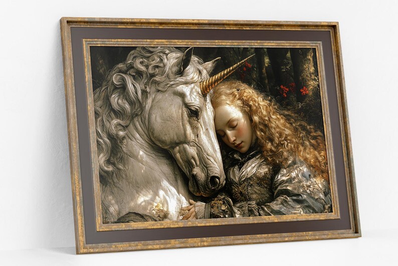 Unicorn and Maiden Art Print: Vintage Fantasy Home Decor (digital ...