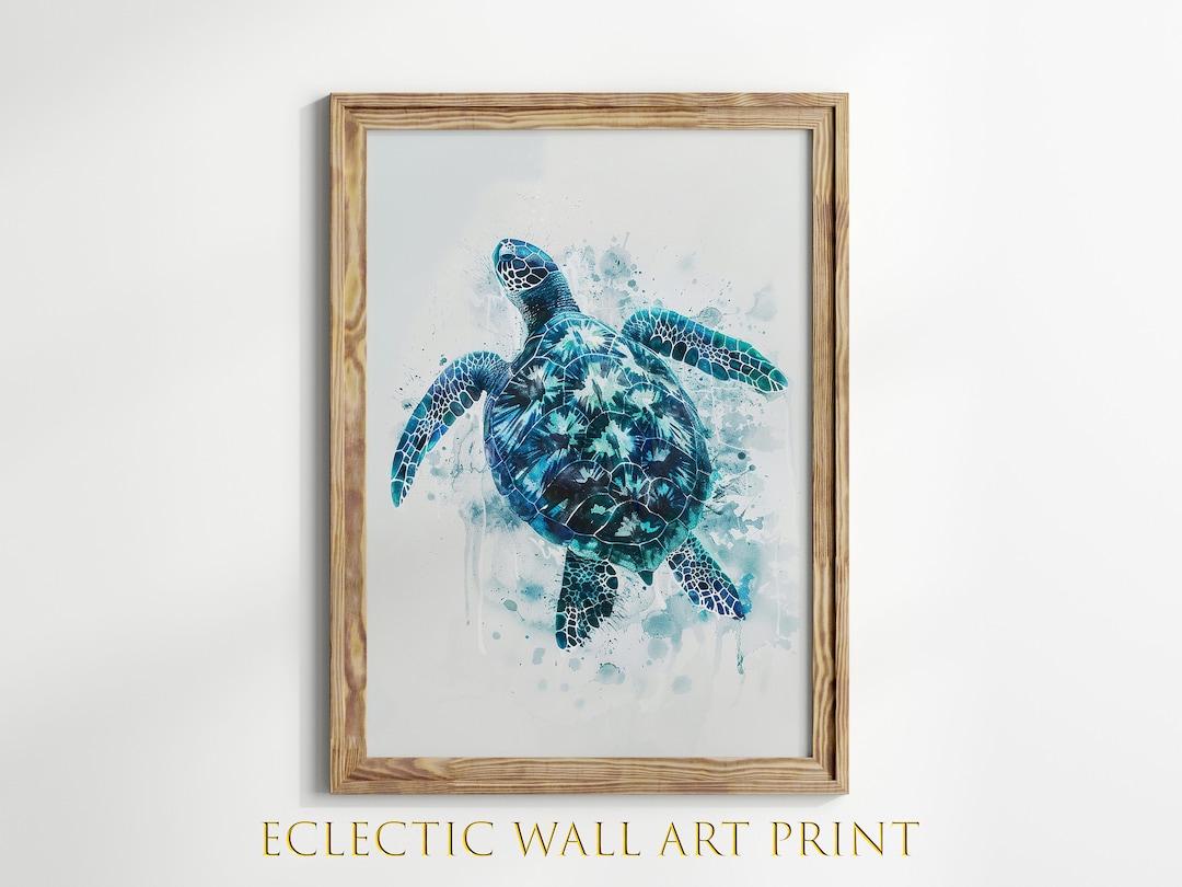 Blue Sea Turtle Watercolor Painting, Coastal Wall Art, Marine Life ...