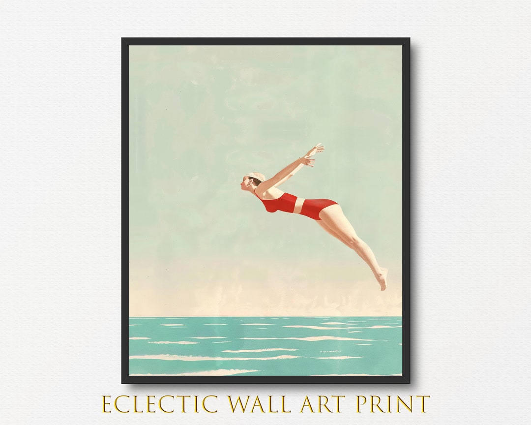 Vintage Style Diving Poster, Retro Diver in Red Swimsuit, Coastal Wall ...