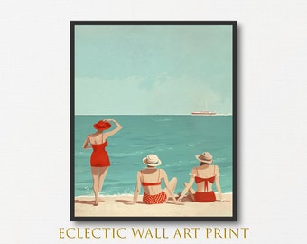 Vintage Style Diving Poster, Retro Diver in Red Swimsuit, Coastal Wall ...