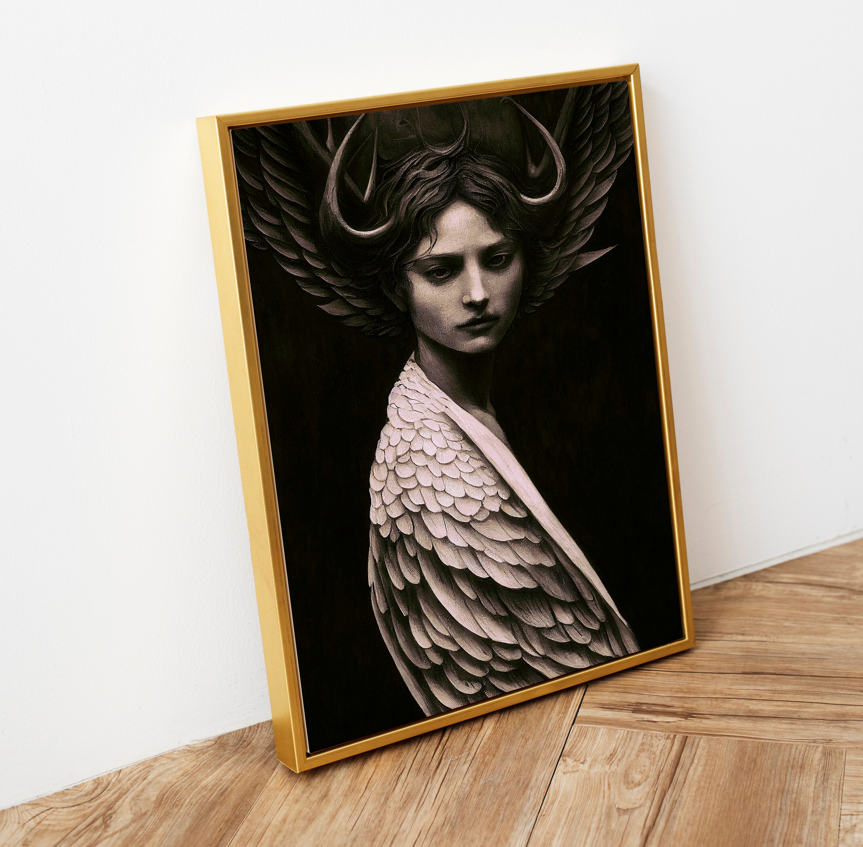 Fallen Angel Portrait, Dark Academia Decor, Dark Oil Painting, Moody ...