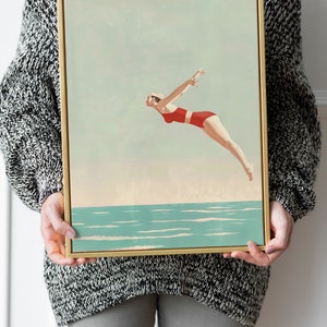 Vintage Style Diving Poster, Retro Diver in Red Swimsuit, Coastal Wall ...