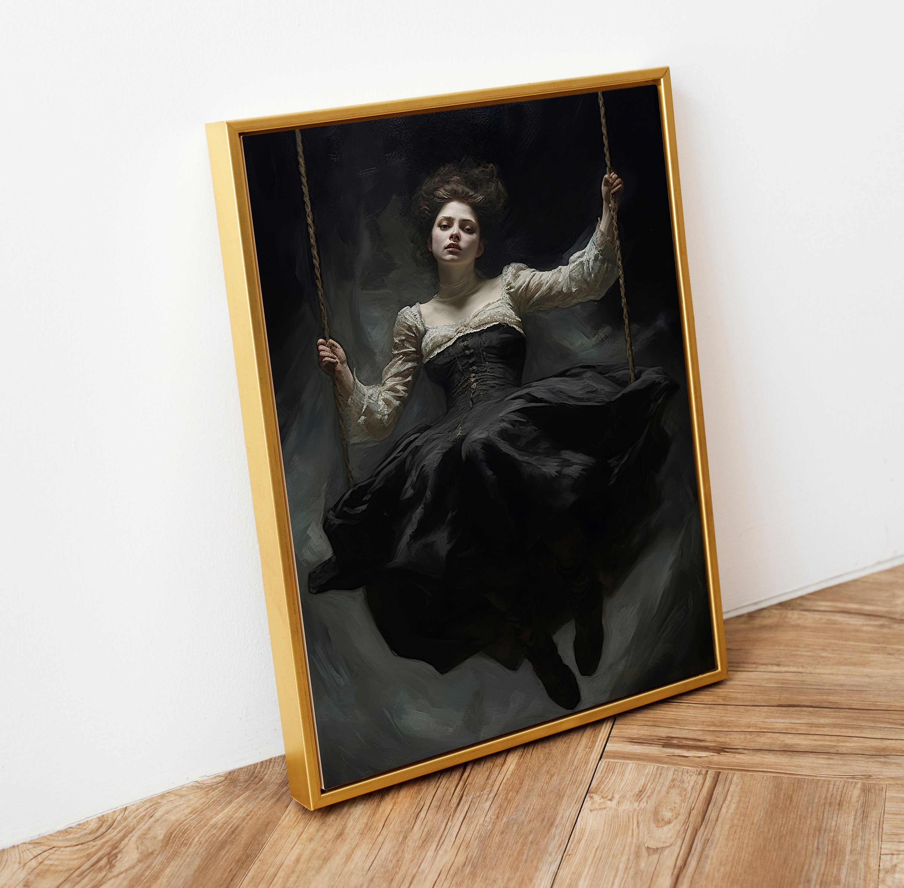 Gothic Victorian Woman Swinging on a Swing, Dark Academia Decor, Dark ...