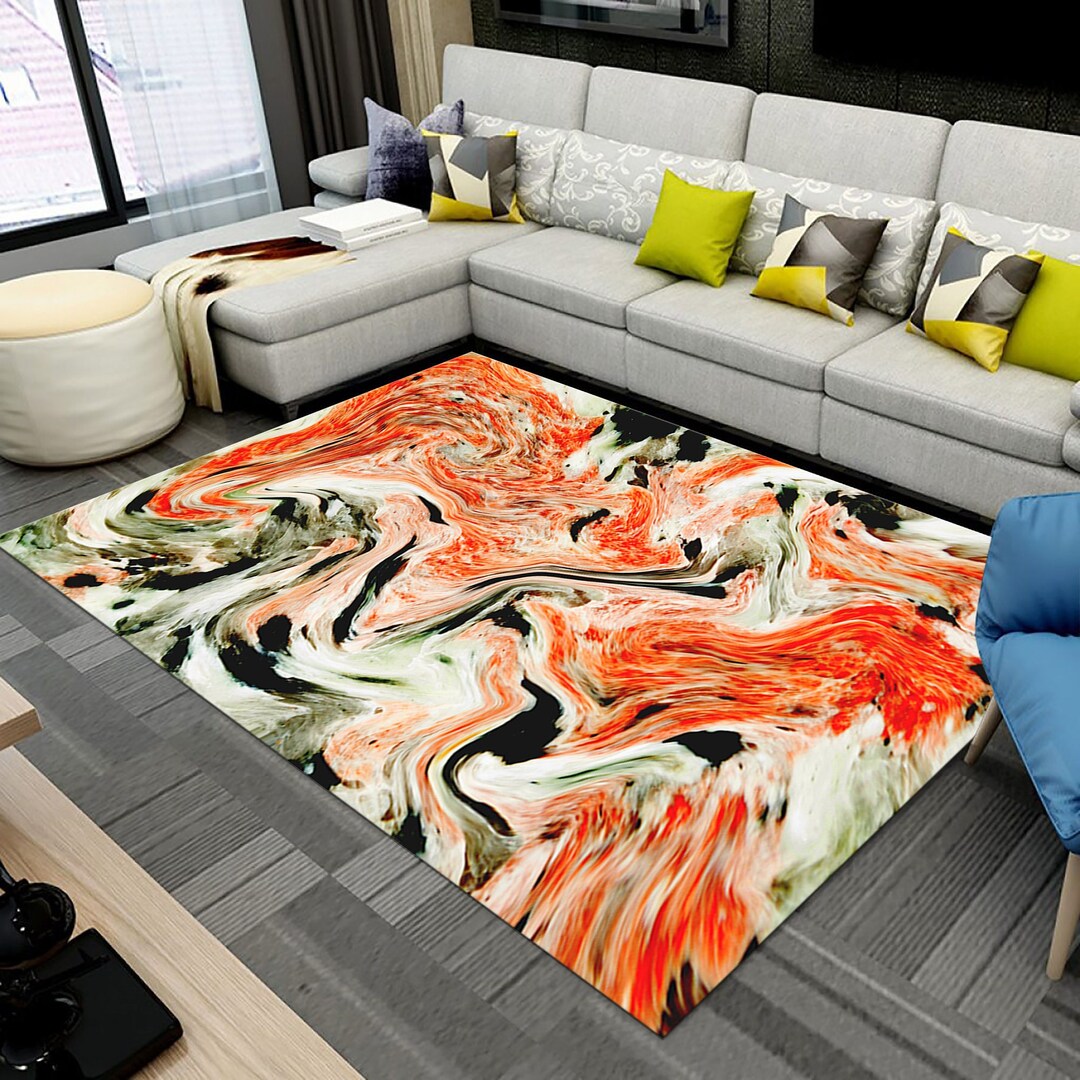 Marble Design Rug Marbl Rug, Art Rug, Orange and Green Rug, Home Decor ...