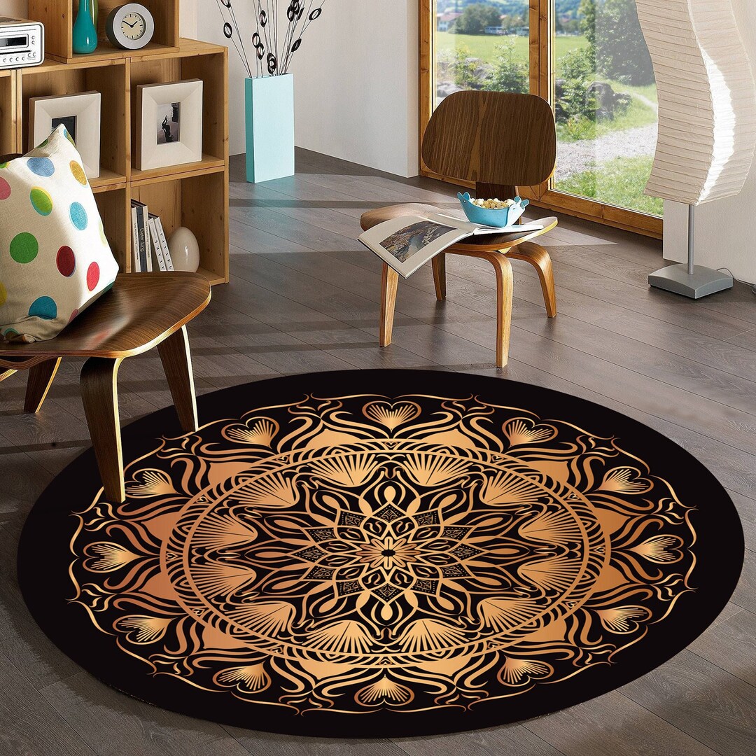 Gold Mandala Round Rug – Boho Luxe Floor Mat – Black & Gold Oriental ...