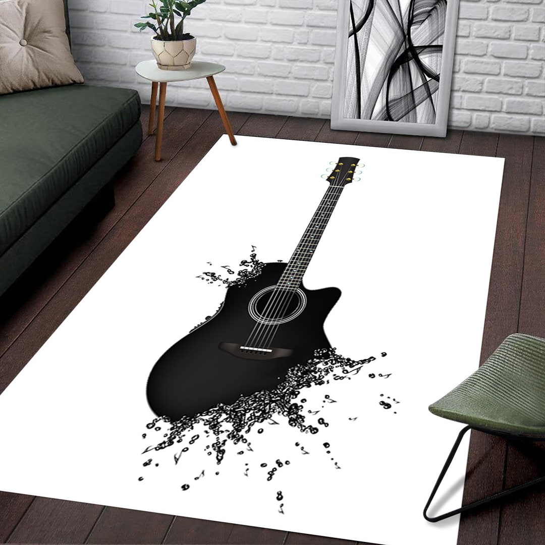 Guitar Rug: Black & White Music Room Decor, Non-slip - Etsy