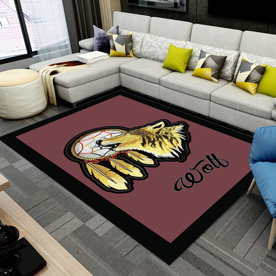 Indian Wolf Rug, Wolf Rug, Wild Animal Rug, Wolf Dreamcatcher Area Rug ...