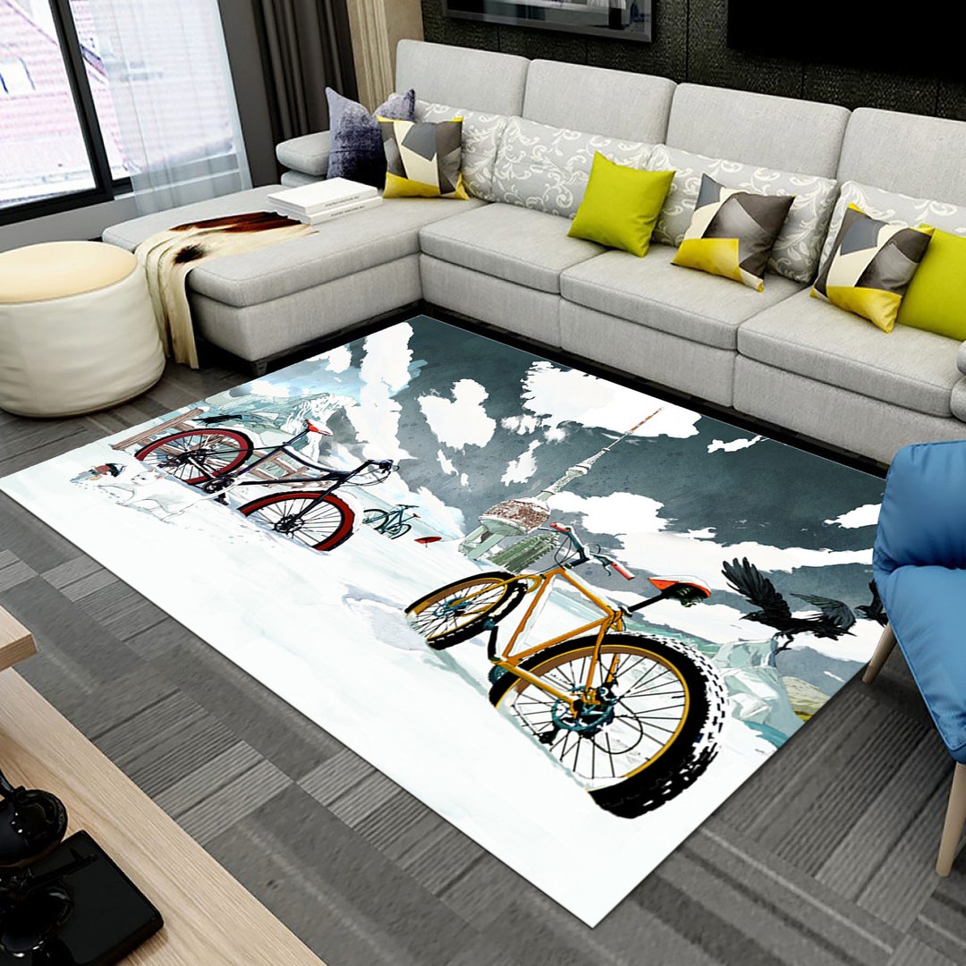 Bicycle Rug, Snow and Bicycle Rug, Colorful Rug, Home Decor, Carpet ...