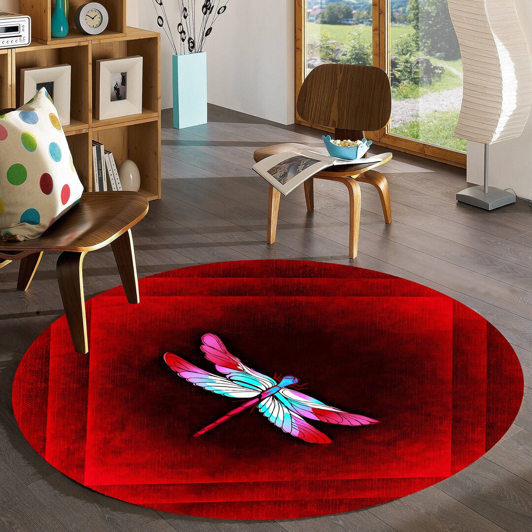 Dragonfly Round Rug, Modern Rug, Red Round Rug, Round Rug, Home Decor ...
