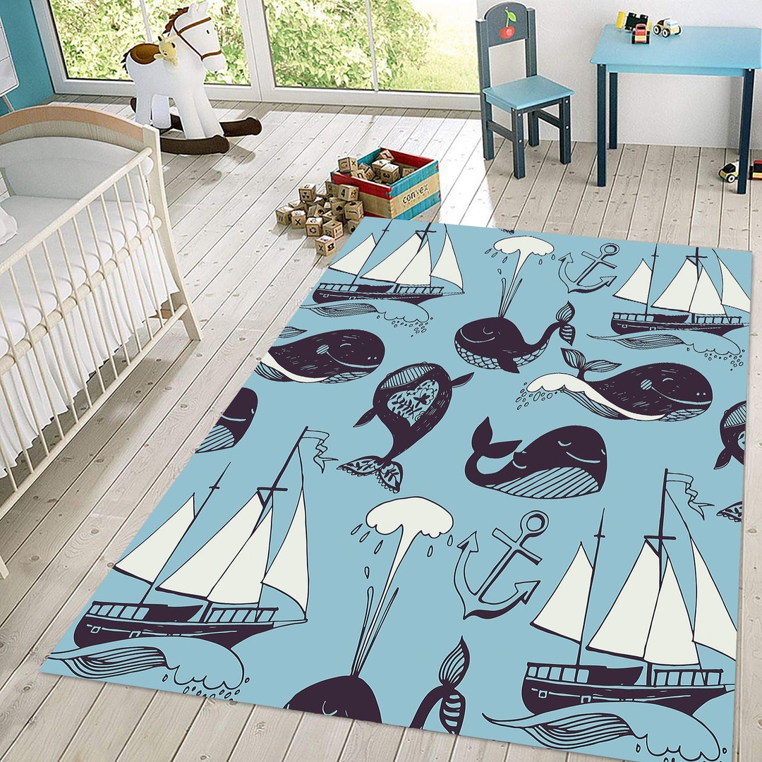 Whale Rug, Sea Rug, Blue Rug, Kids Rug, Ship Rug, Kids Rug for Playroom ...