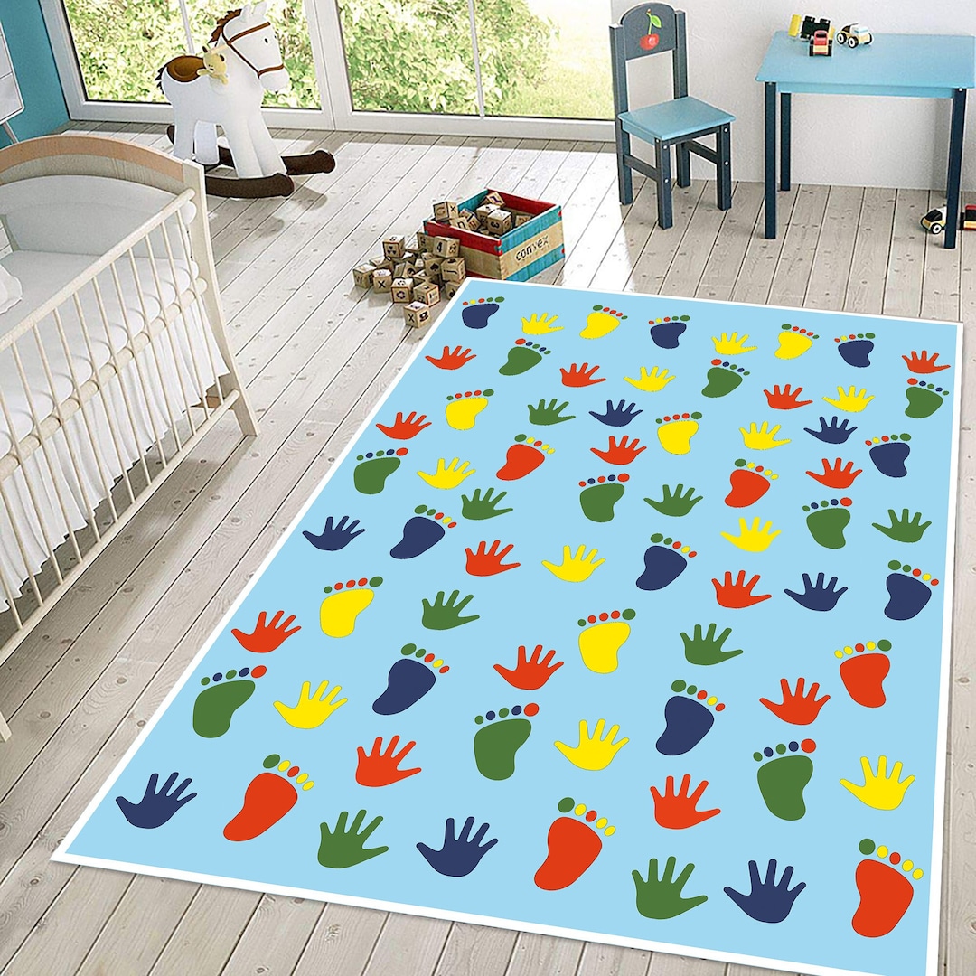 Handprint Rug, Footprint Rug, Blue Carpet, Kids Rug, Kids Rug for ...