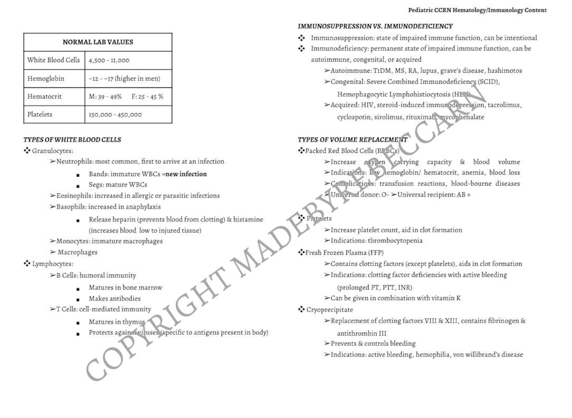 Pediatric CCRN - Hematology & Immunology Study Guide - Etsy