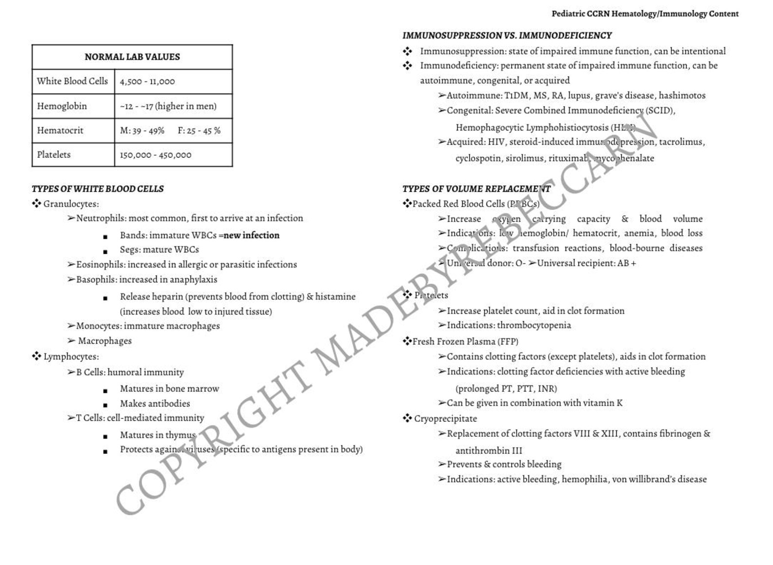 Pediatric CCRN - Hematology & Immunology Study Guide - Etsy