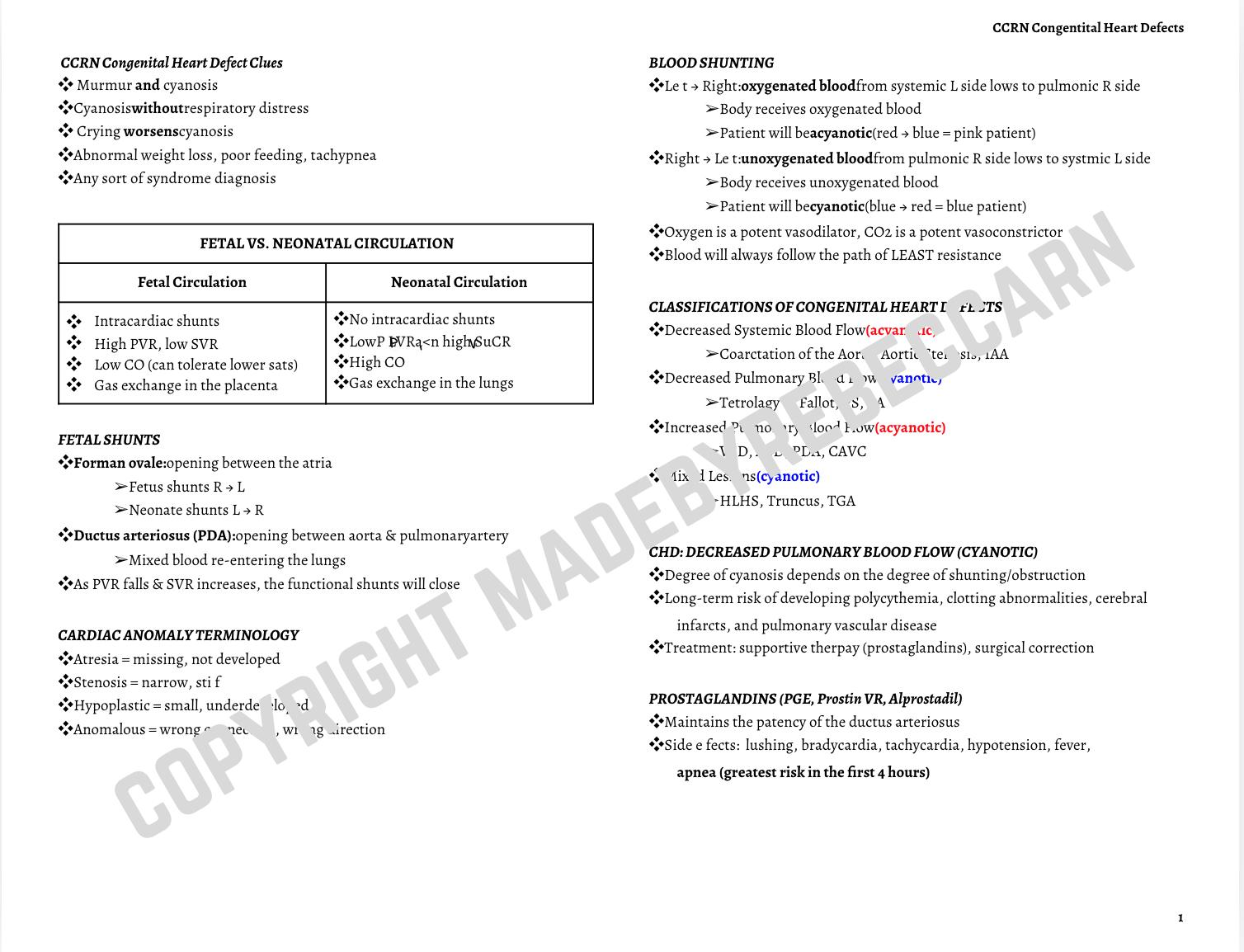 Pediatric CCRN - Congenital Heart Defects Study Guide - Etsy