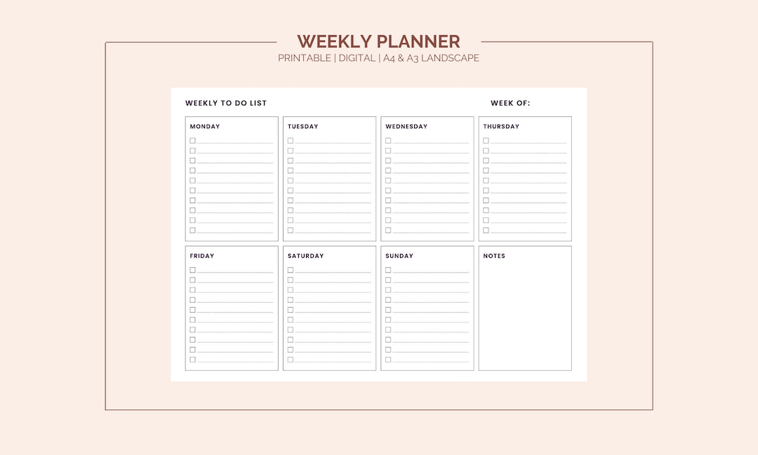 Weekly Planner Task List Landscape, A4, A3 Minimalist Simple Digital ...