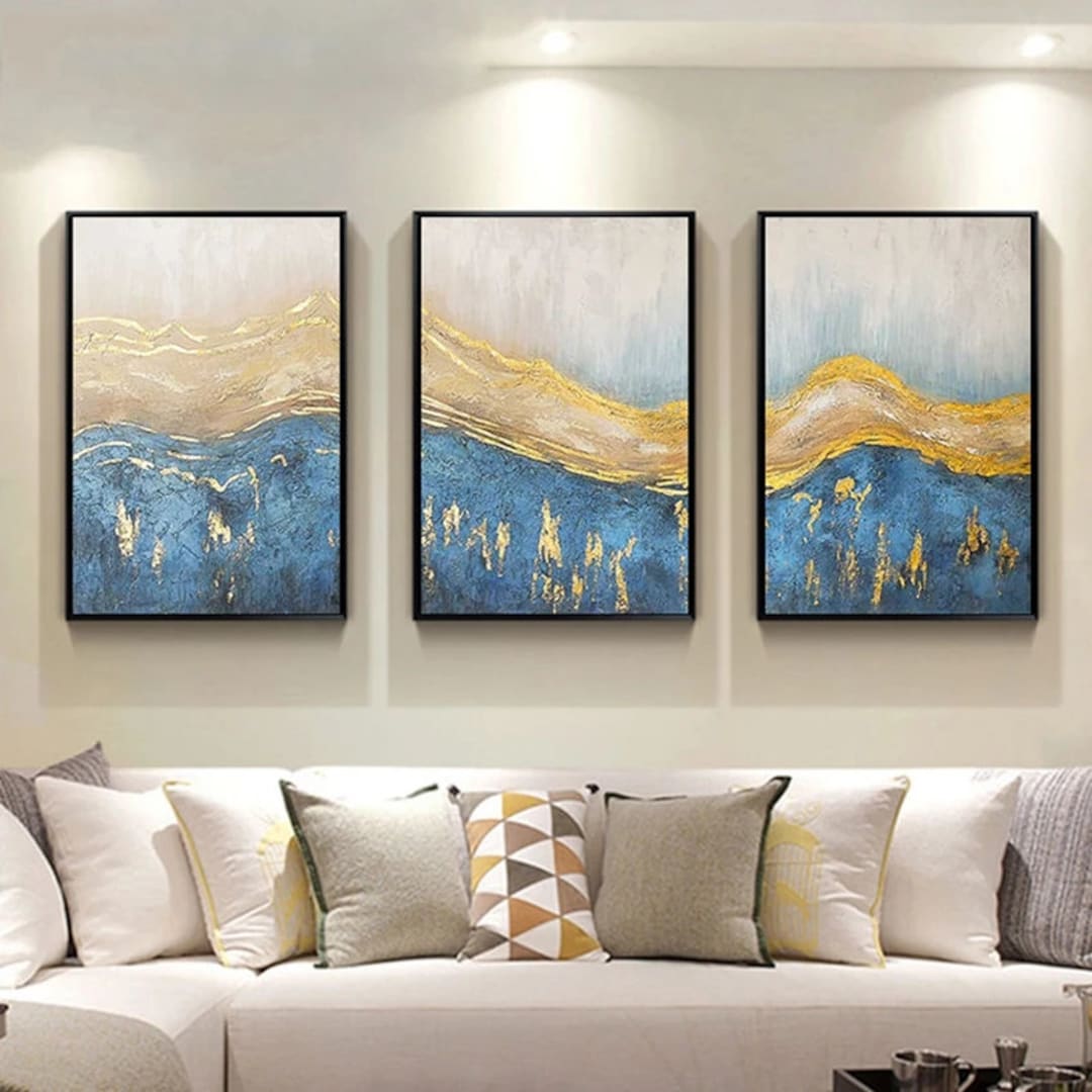 Oceanic Elegance, Golden Blue Waves, Abstract Trio, Set of 3 Wall Decor ...