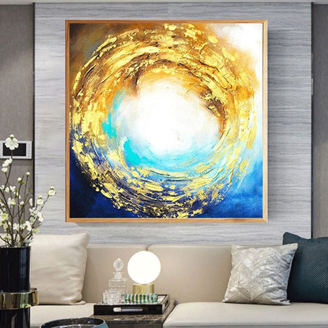 Azure Gold Cyclone, Contemporary Square Canvas With Golden Ring Wave ...