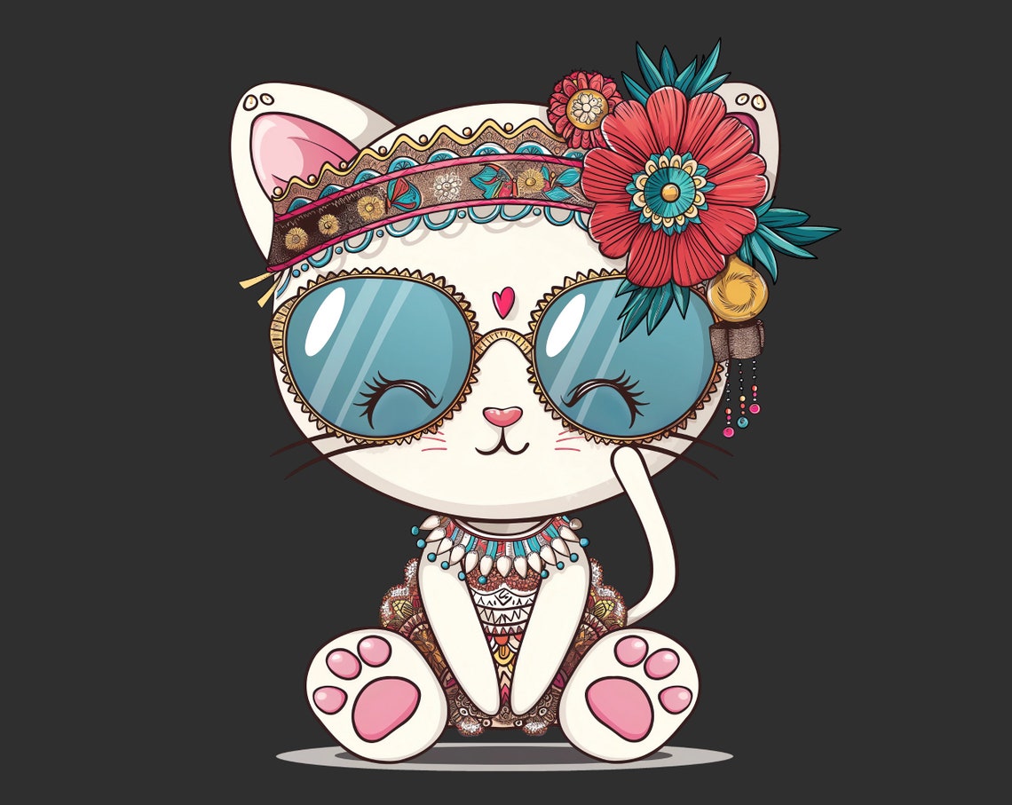 Cute Cat Png, Boho Kitty Png, Boho Kitty Clipart, Cute Cat Clipart ...