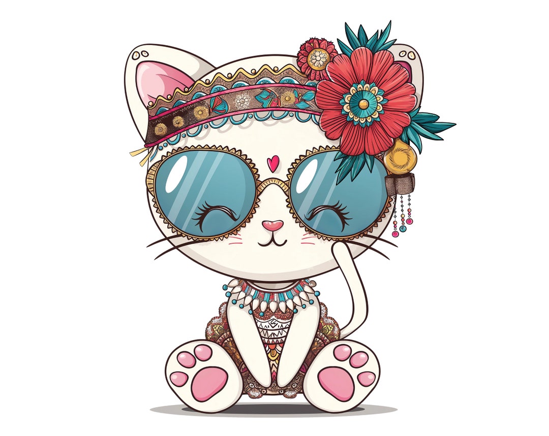 Cute Cat Png, Boho Kitty Png, Boho Kitty Clipart, Cute Cat Clipart ...