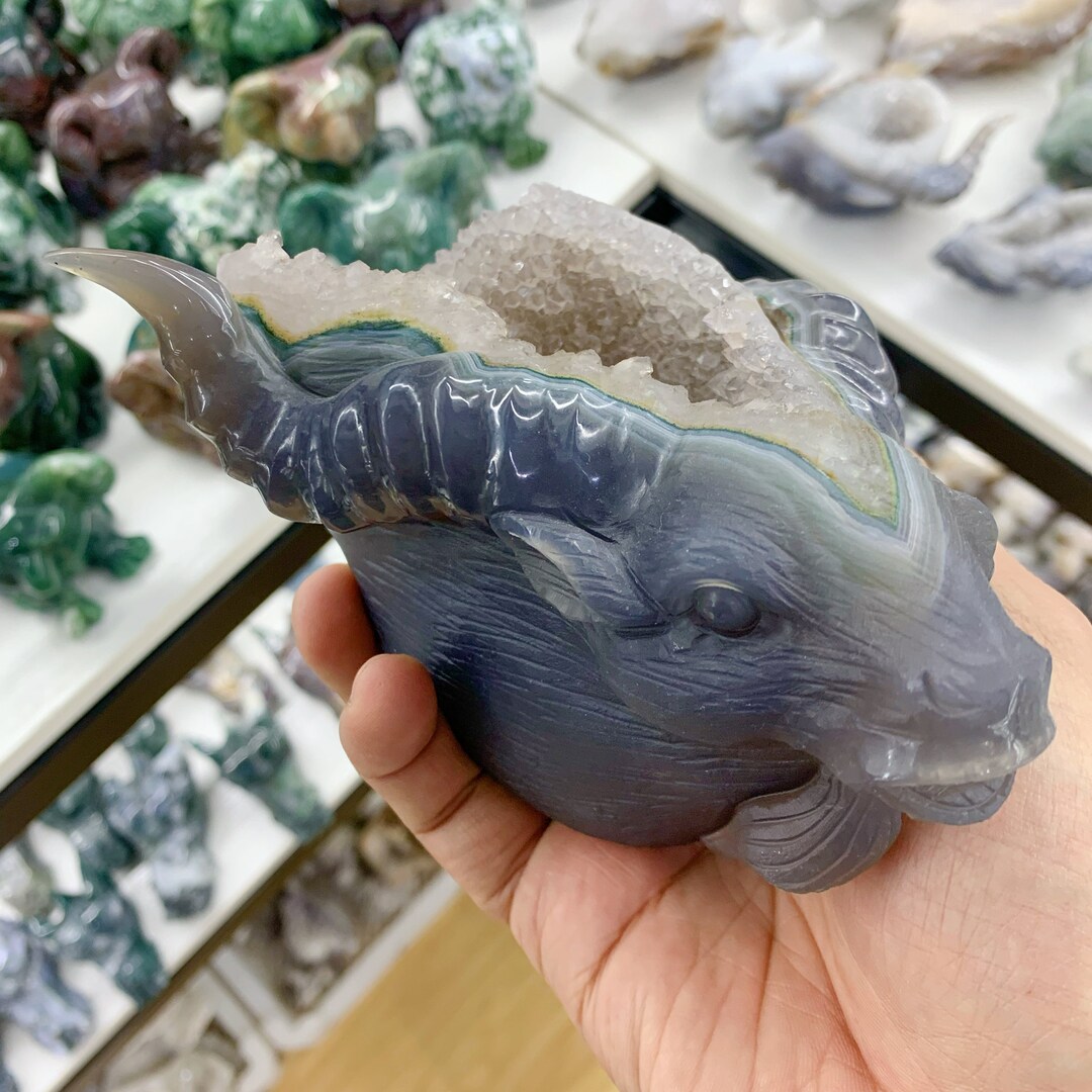Handcrafted Druzy Agate Goat Head: Geode Crystal Ram Carving,crystal ...