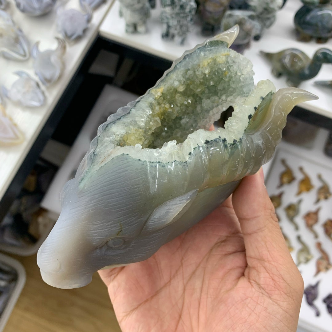 Handcrafted Green Geode Agate Goat, Crystal Animal Carvings Unique ...