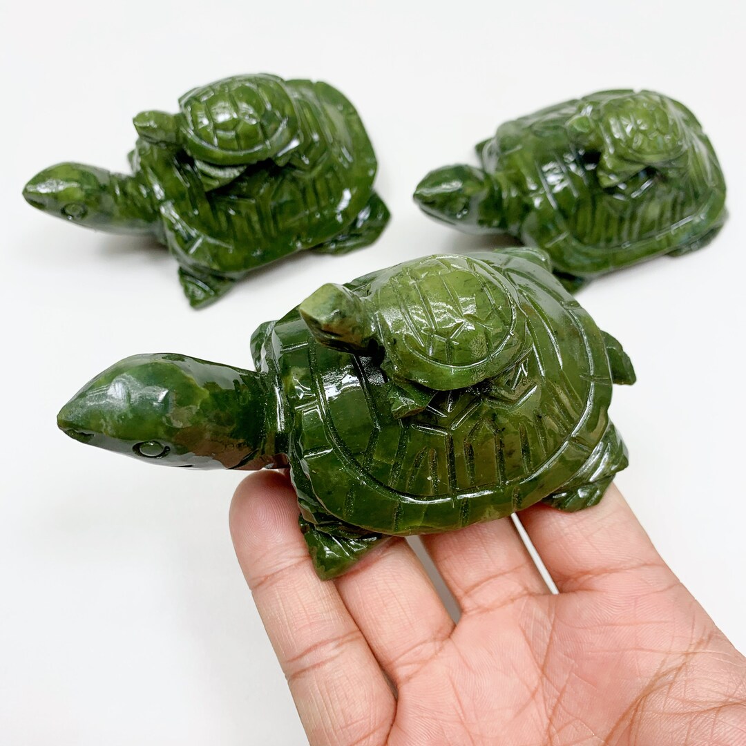 Natural Green Jade Turtle Sculpture Hand-carved Parent & Baby Quartz ...