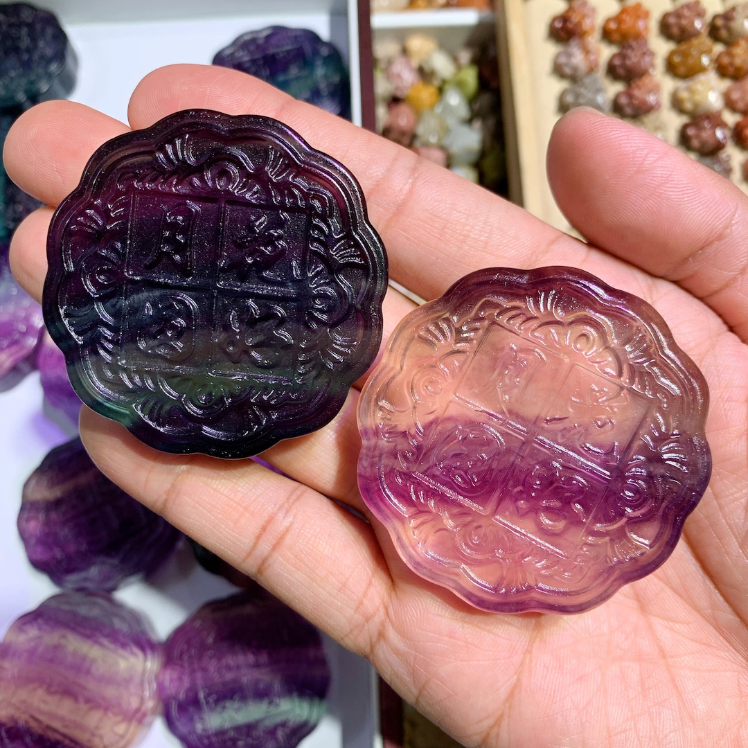 Crystal Rainbow Fluorite Sun and Moon Face, 5.5cm Decorative Piece for ...