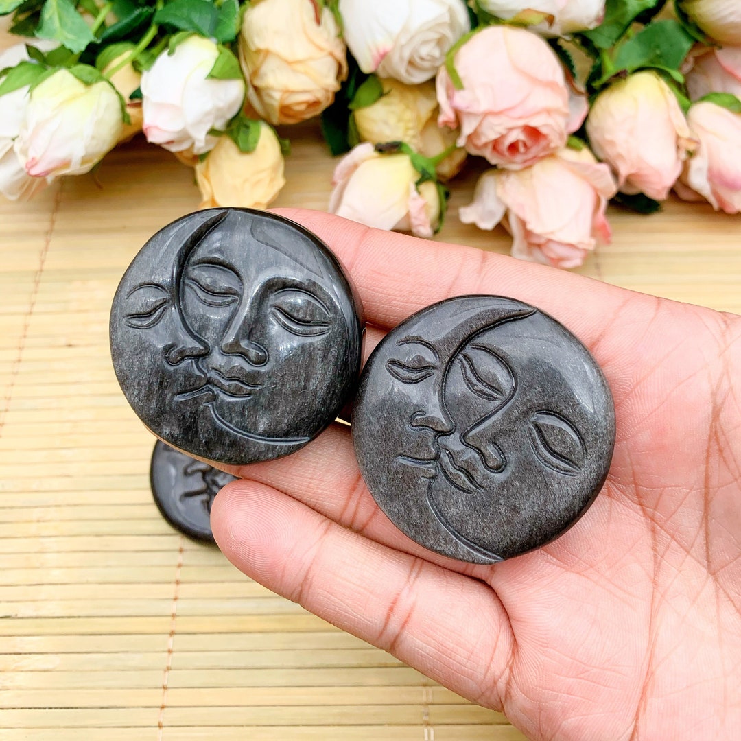 Silver Sheen Obsidian Sun and Moon Face Quartz Crystal Carved Mineral ...