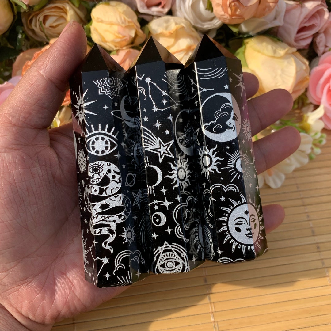 1PC 9.5cm Black Obsidian Polished Tower Silver Engraved Etched Crystal ...