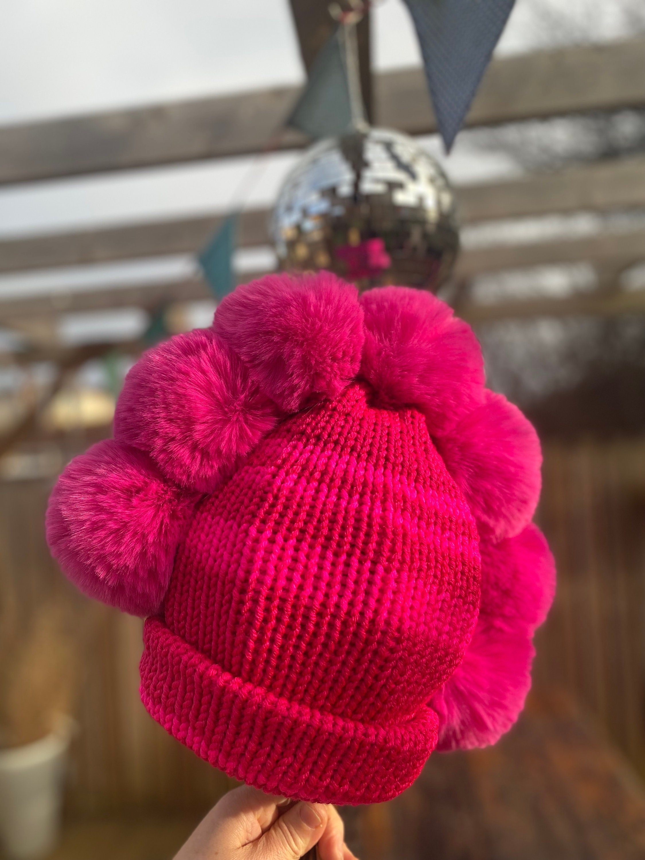 Festival Beanie - Magenta With Removable Faux Fur Pom Poms. - Etsy UK