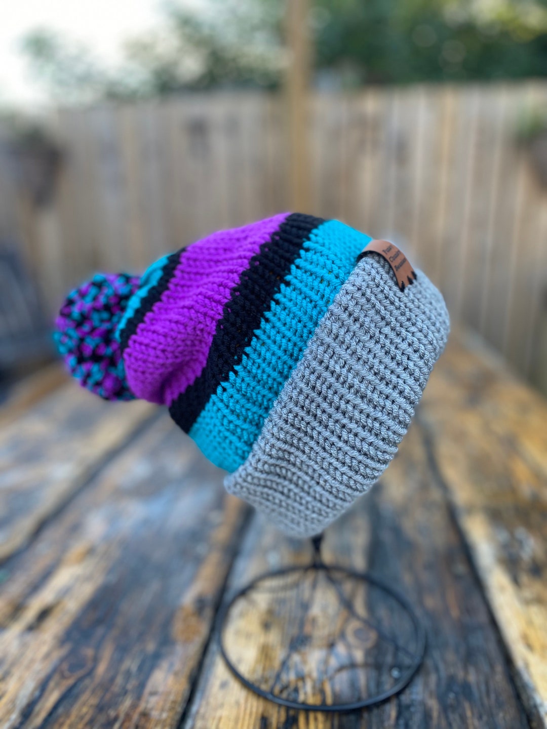 Adult Beanie. 90s Revival. Pool Blue, Purple and Black With a Grey Brim ...