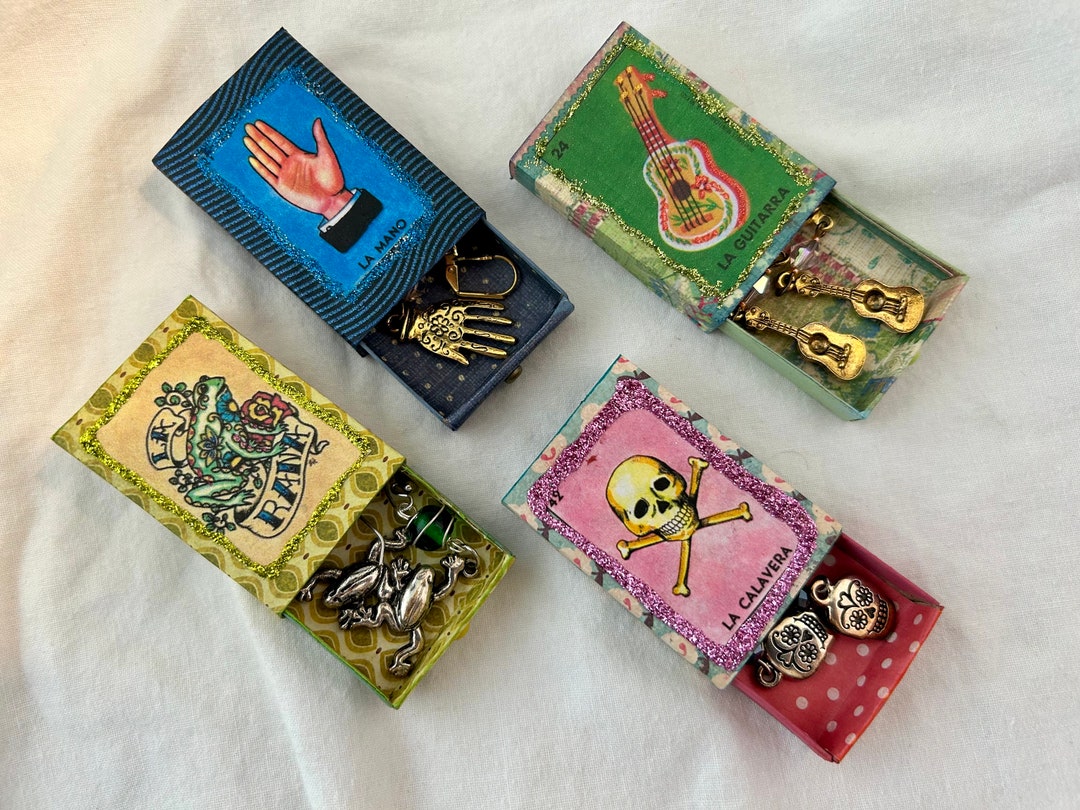 Loteria Earrings and Matchbox Hand, Guitar, Frog, Skull - Etsy