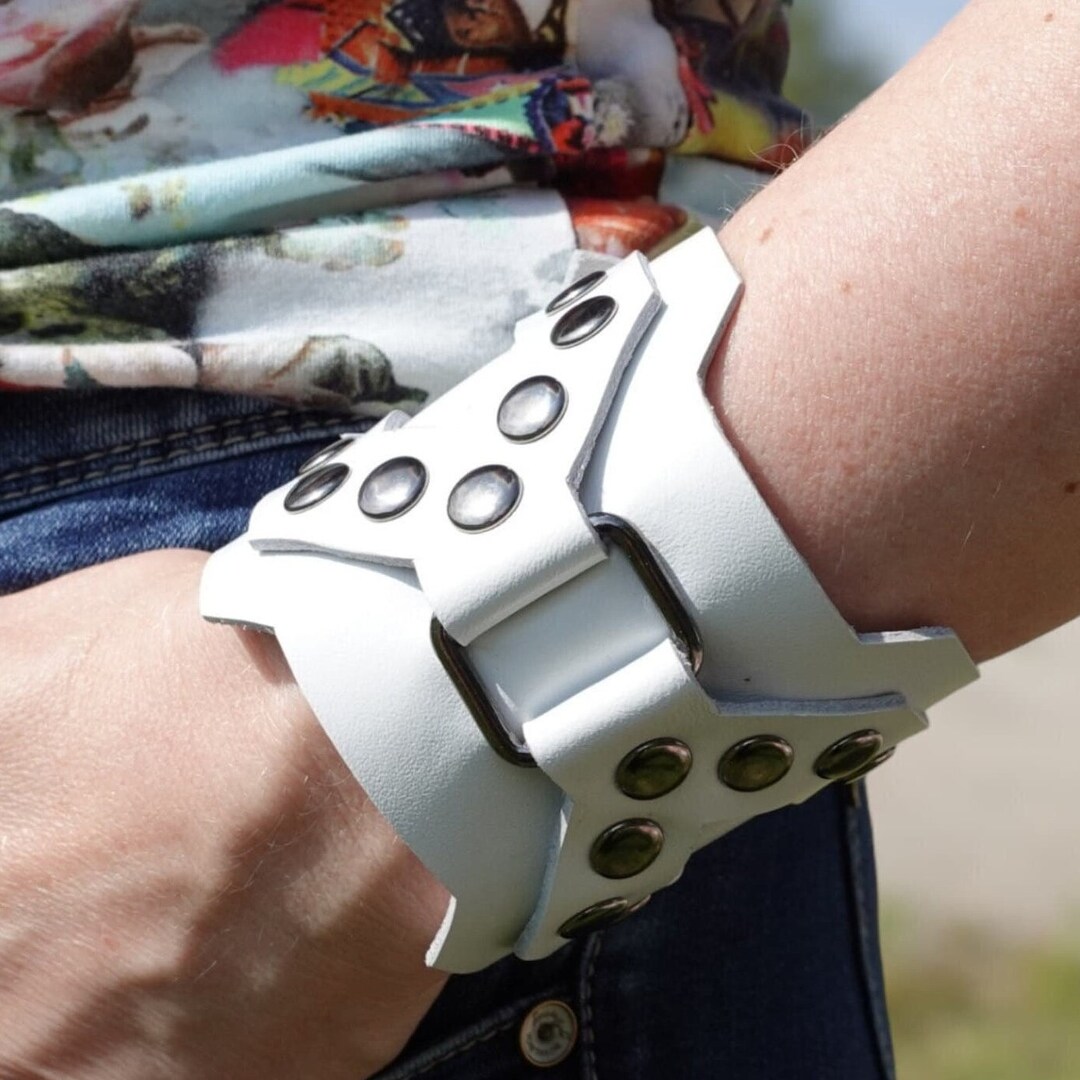 White Leathers Bracelet, Metallic Rivets Studs Bracelet, Cuff Wristband ...