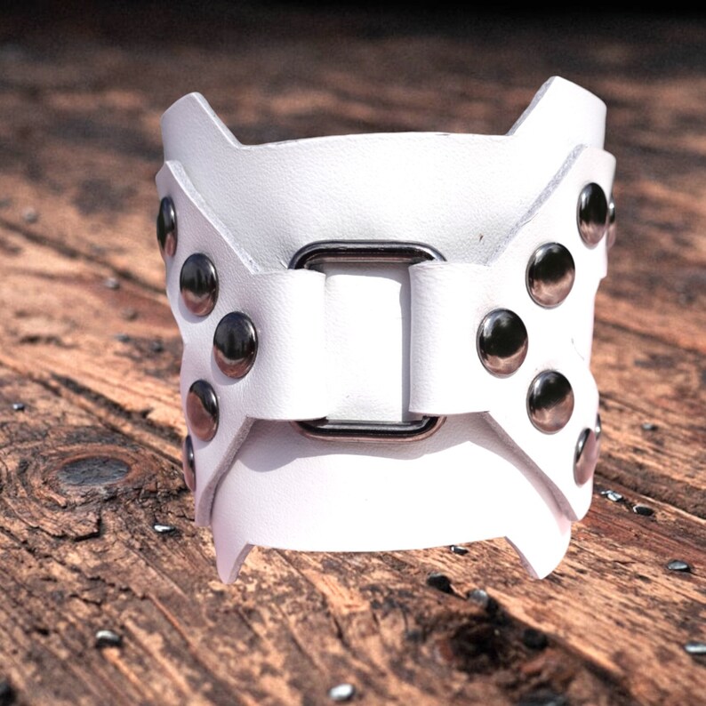 White Leathers Bracelet, Metallic Rivets Studs Bracelet, Cuff Wristband ...