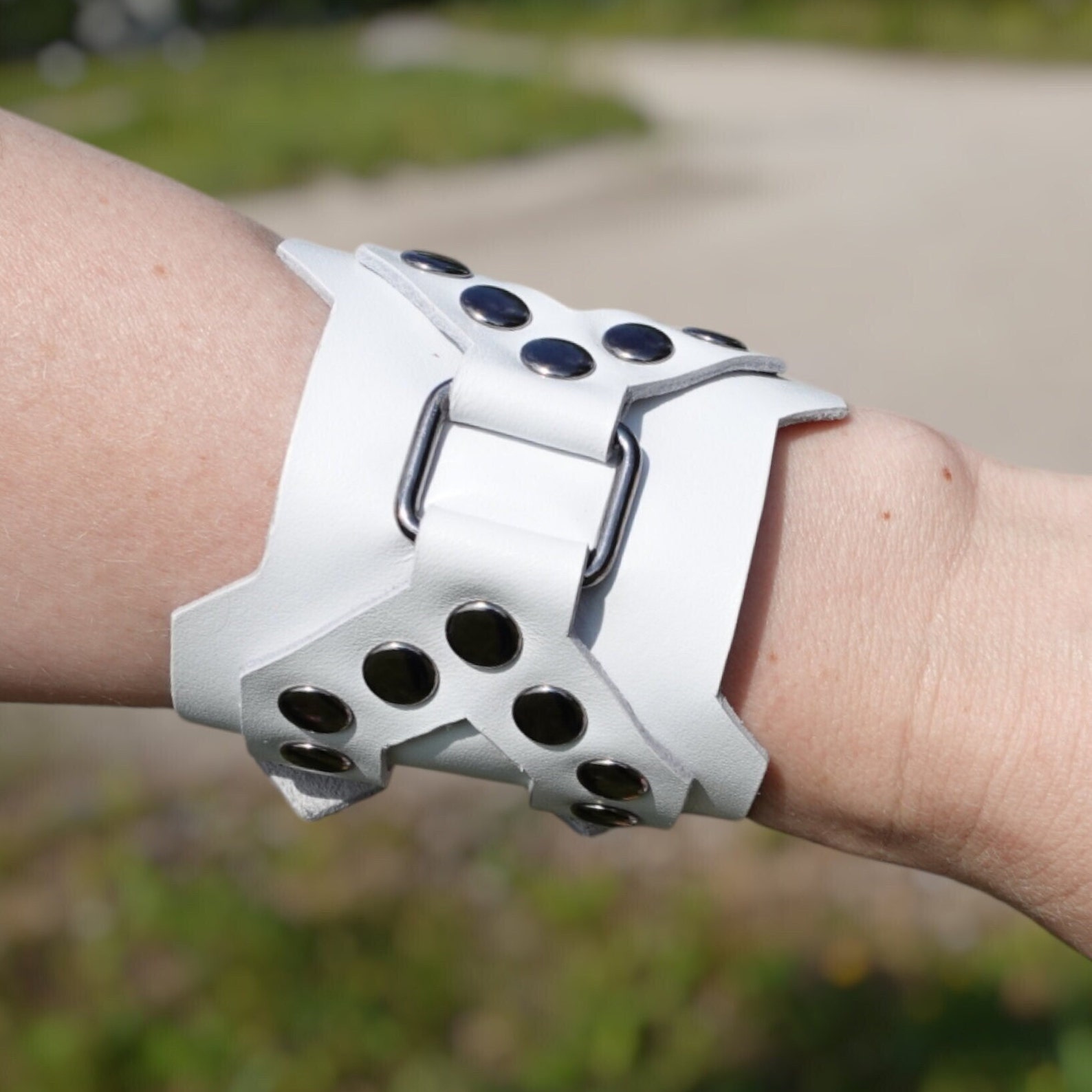 White Leathers Bracelet, Metallic Rivets Studs Bracelet, Cuff Wristband ...